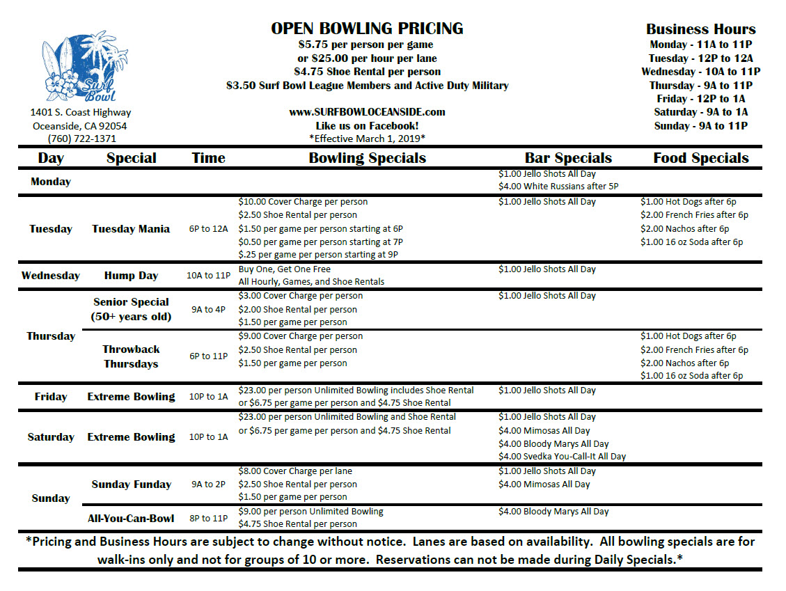 PRICES | Surf Bowl - Oceanside, CA 92054